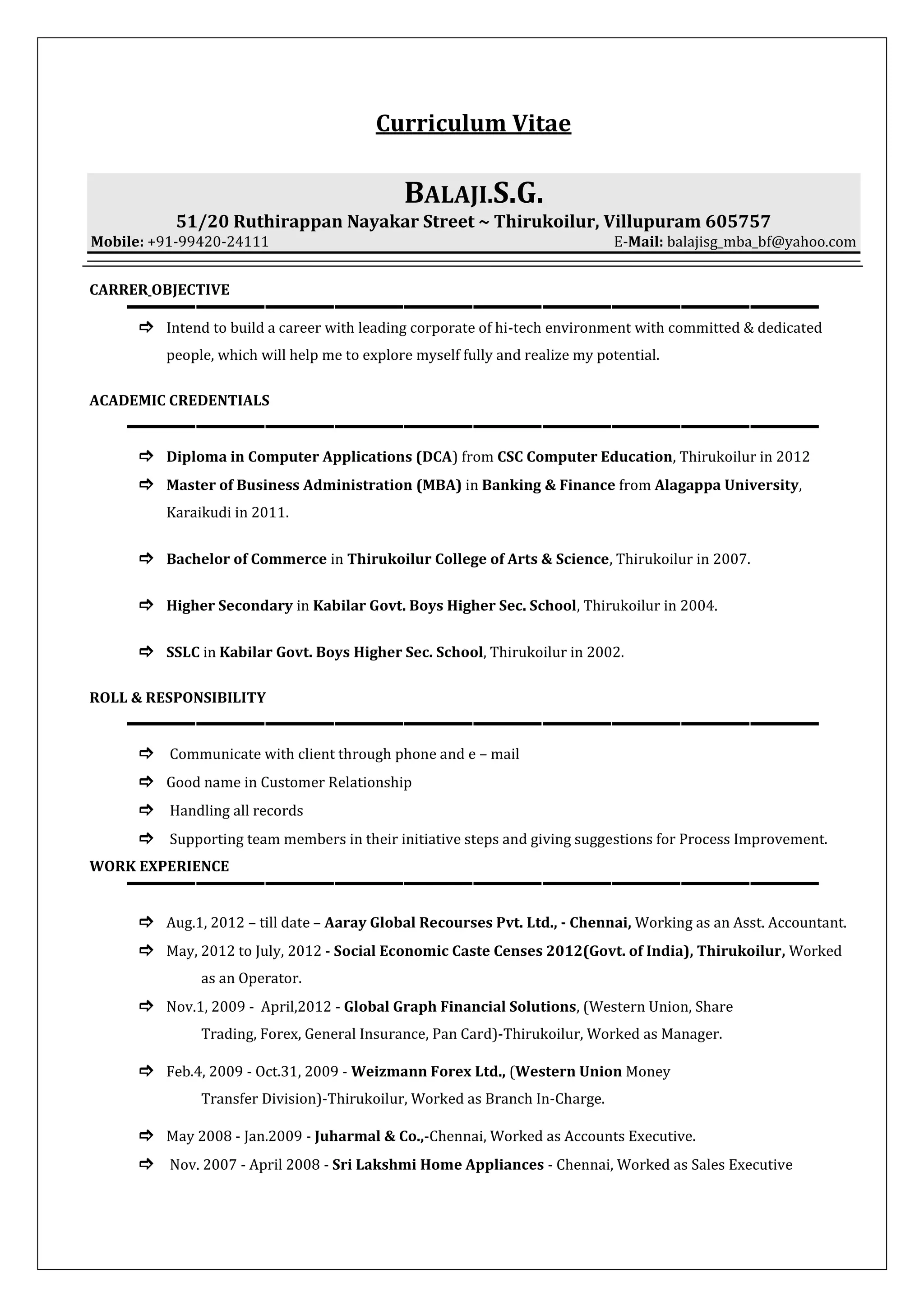S.G.Balaji Resume | PDF