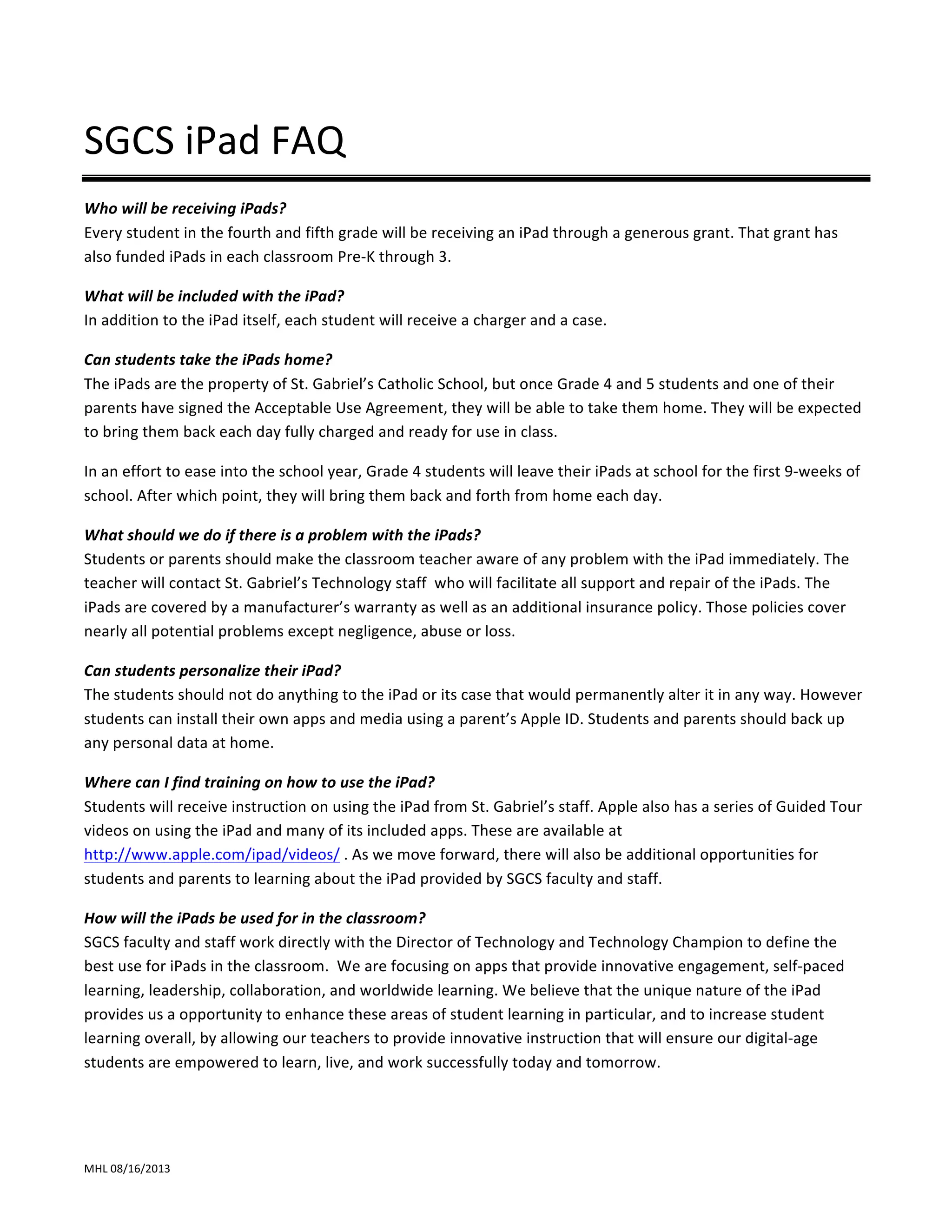 St. Gabriel's Catholic School iPad Basics & FAQ | PDF