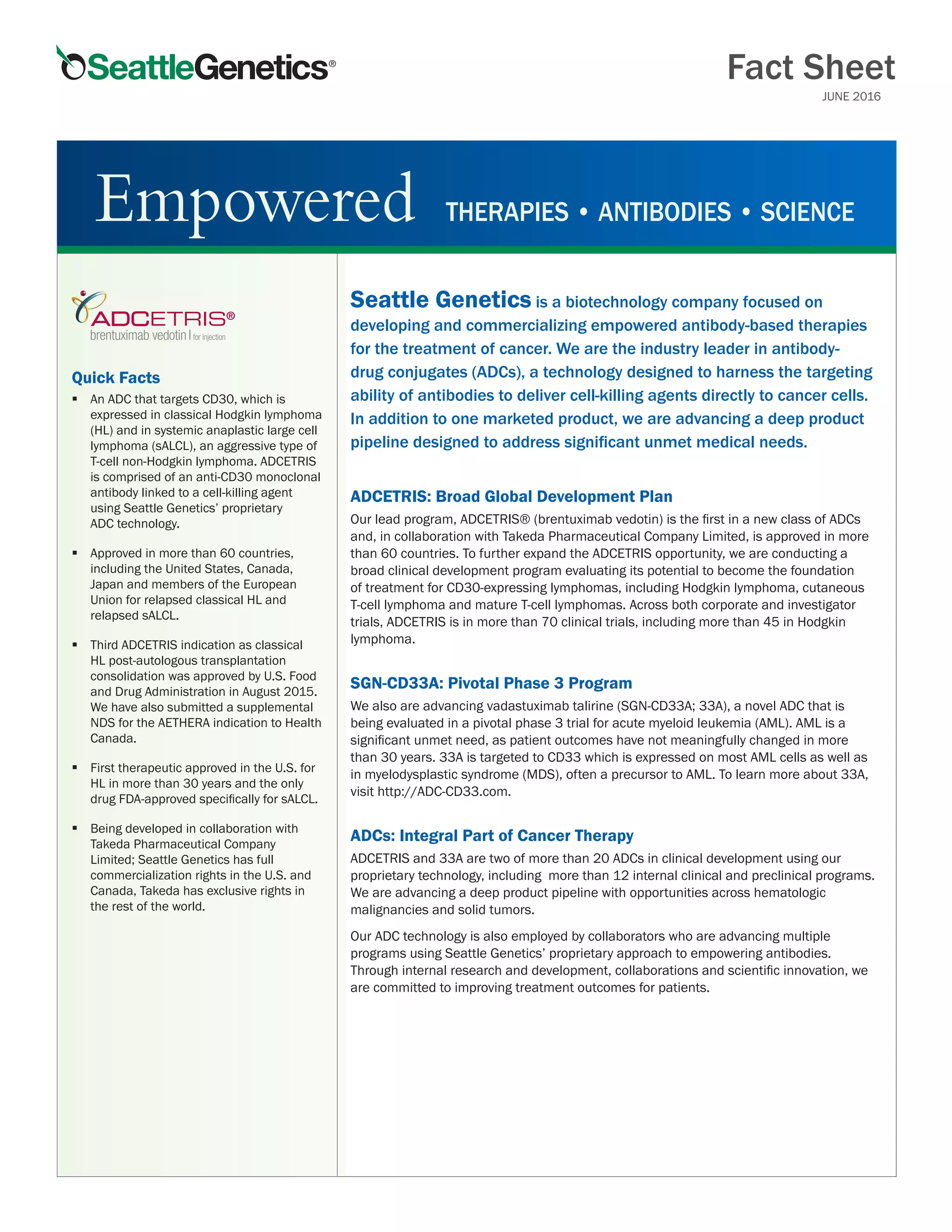 Seattle Genetics Fact Sheet June 2016 | PDF