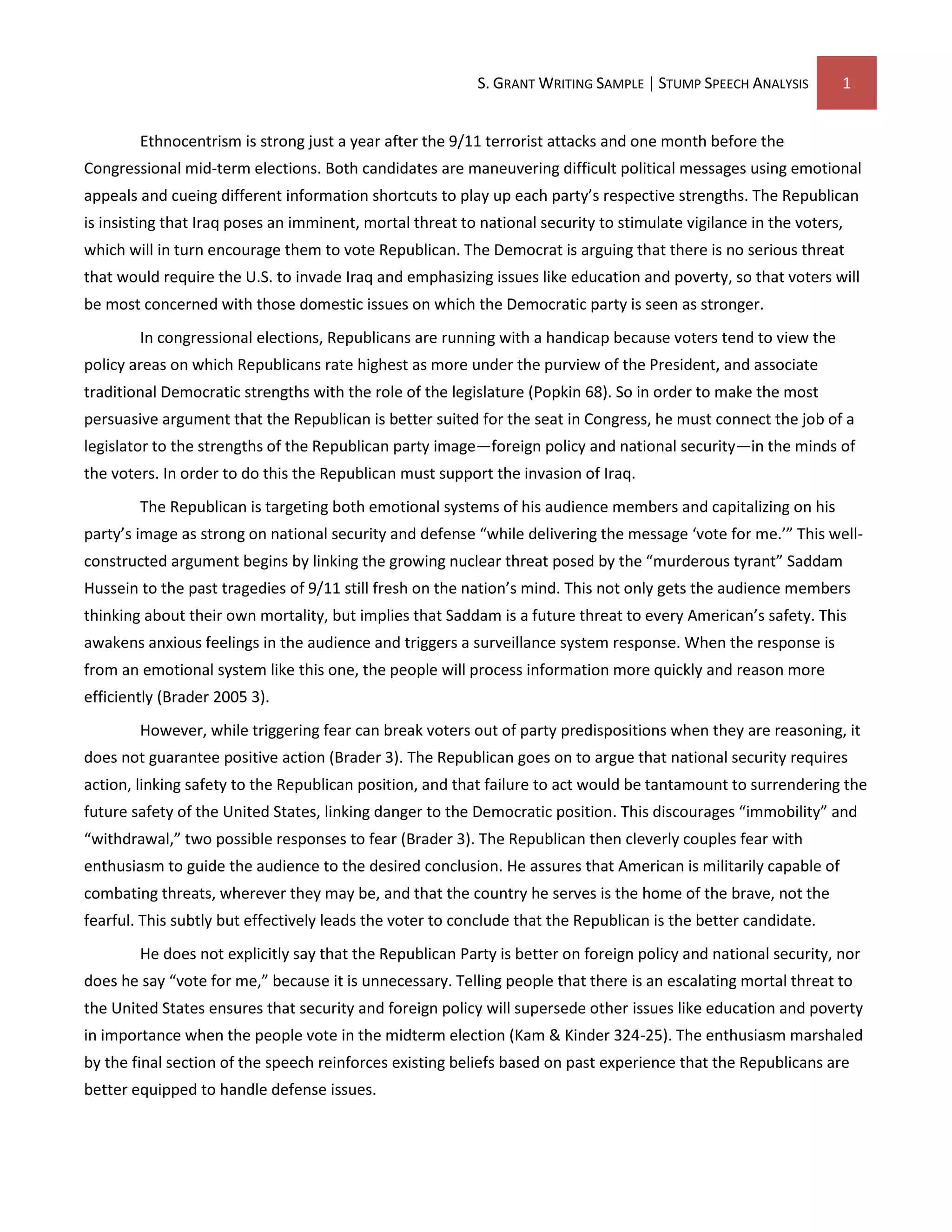 SGrant Writing Sample - Stump Speech Analysis | PDF