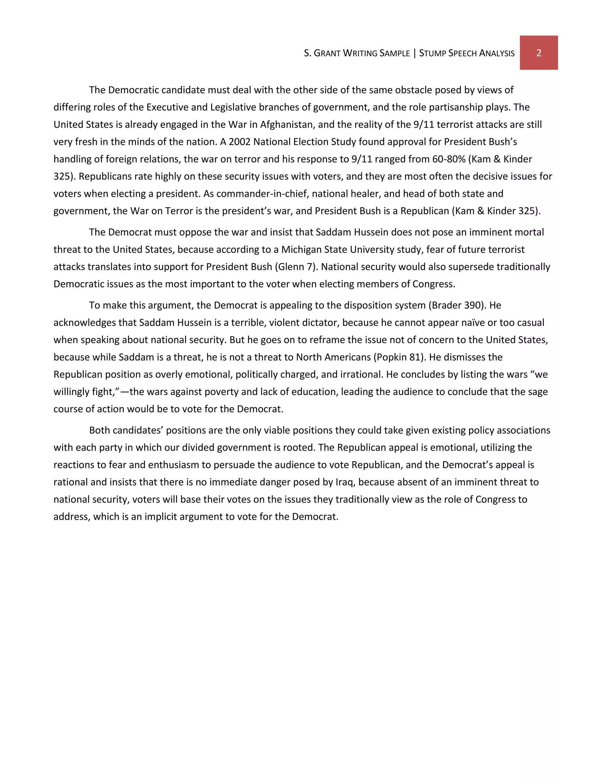 SGrant Writing Sample - Stump Speech Analysis | PDF