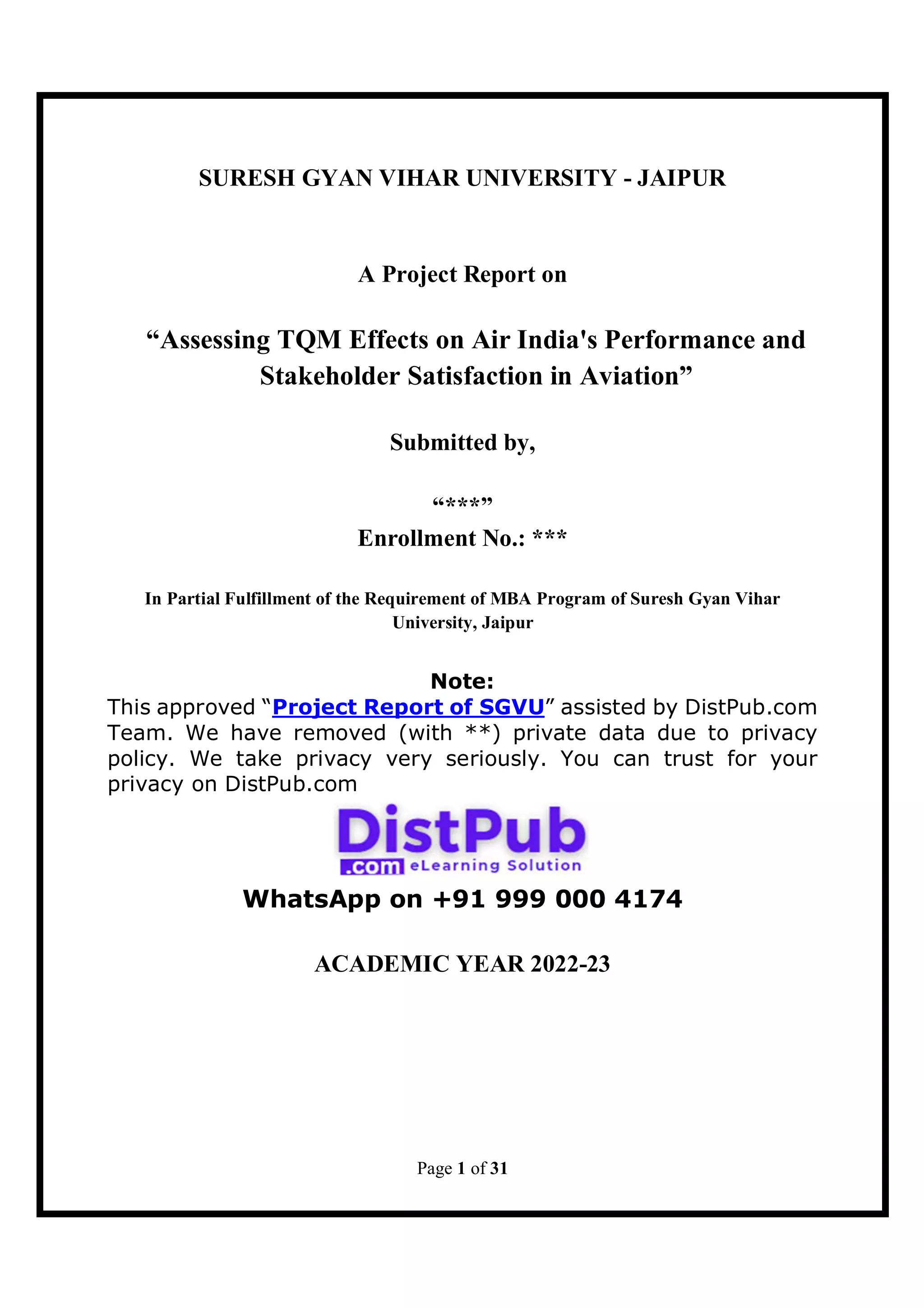 SGVU-Approved-Project-Report-Assessing TQM Effects on Air India's Performance and Stakeholder ...