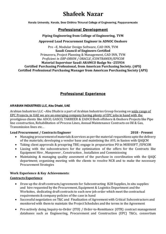 RESUME FOR PROCUREMENT & CONTRACTS ENGINEER | DOCX
