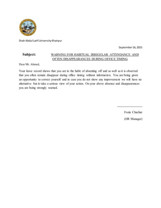 WARNING FOR HABITUAL IRREGULAR ATTENDANCE AND OFTEN DISAPPEARANCES ...