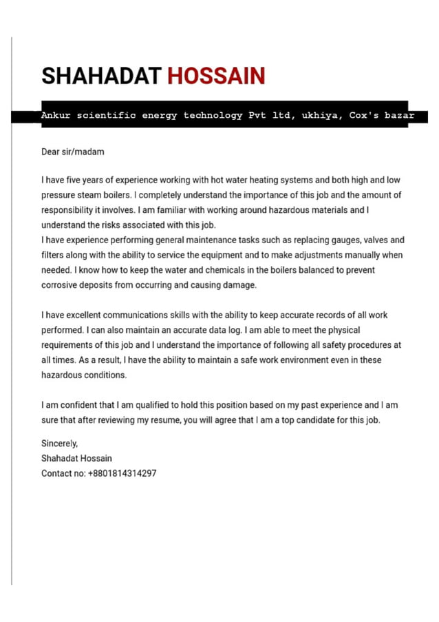 Shahadat Hossain cover letter............. | PDF