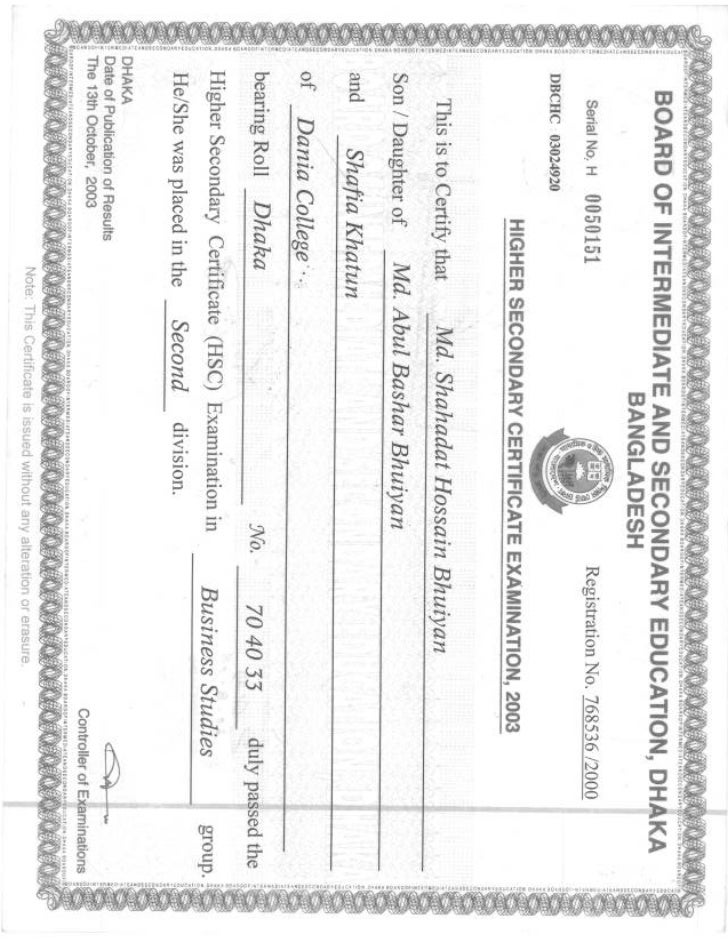 Shahadat Hossain Hsc Certificate