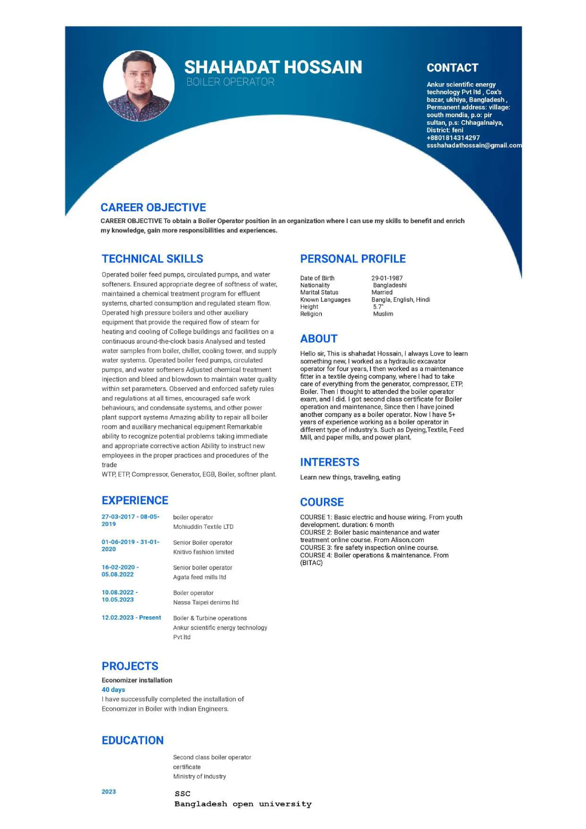 Shahadat Hossain resume , high skilled Boiler and turbine operator | PDF