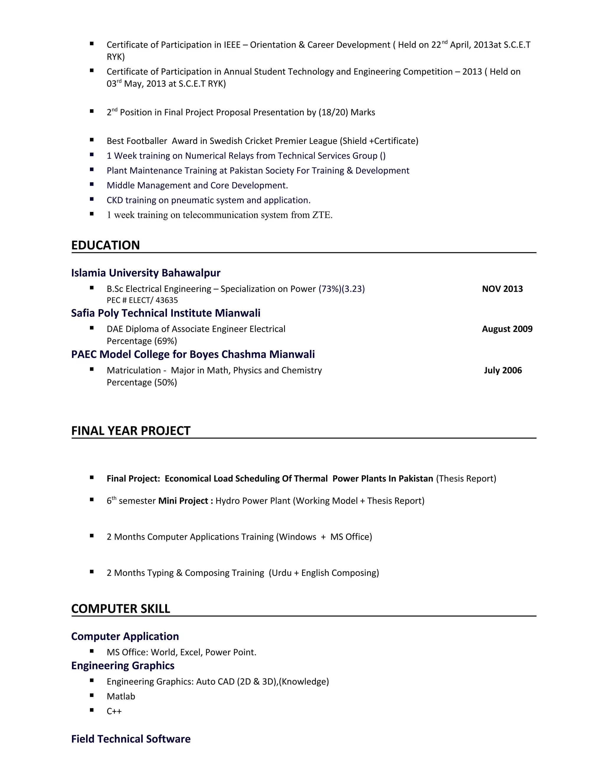 Shah faisal shah cv | DOC | Power and Energy Industry | Industries