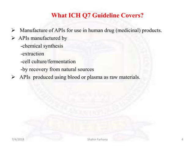 ICH Q7 Guideline | PPTX | Pharmaceutical Industry | Industries