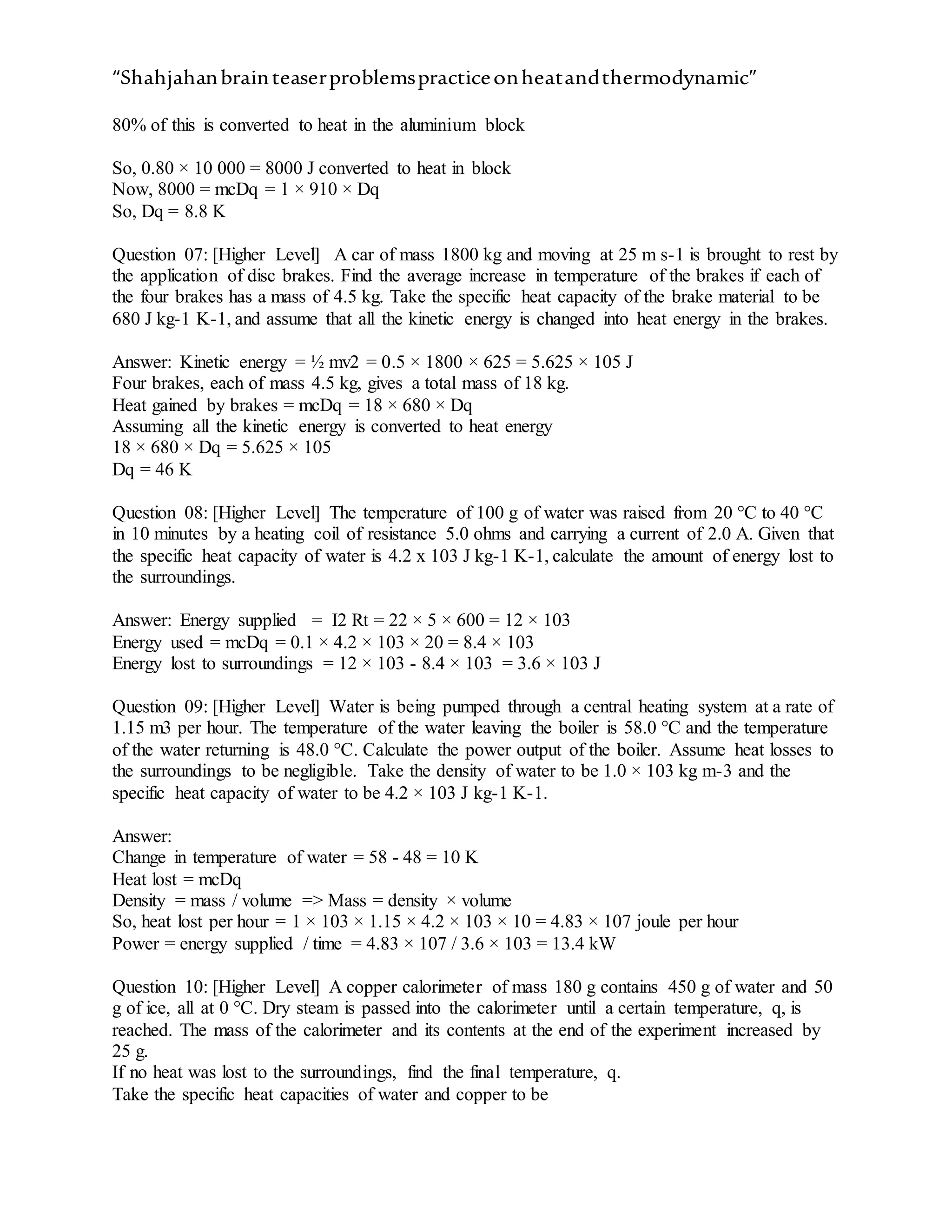 practice problems on heat and thermodynamics | DOCX