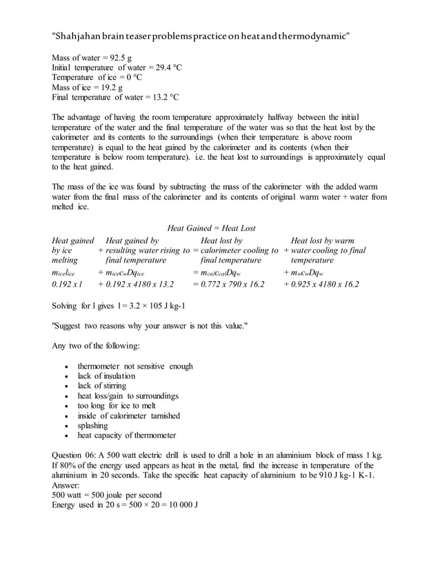 practice problems on heat and thermodynamics | DOCX
