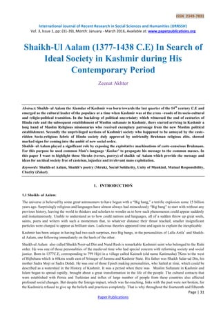 Shaikh-Ul Aalam (1377-1438 C.E) In Search of Ideal Society in Kashmir ...