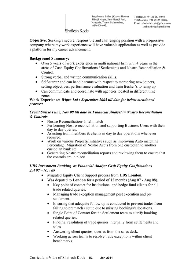 Shailesh Kode Resume Jan11 | DOC | Business Banking & Finance | Business