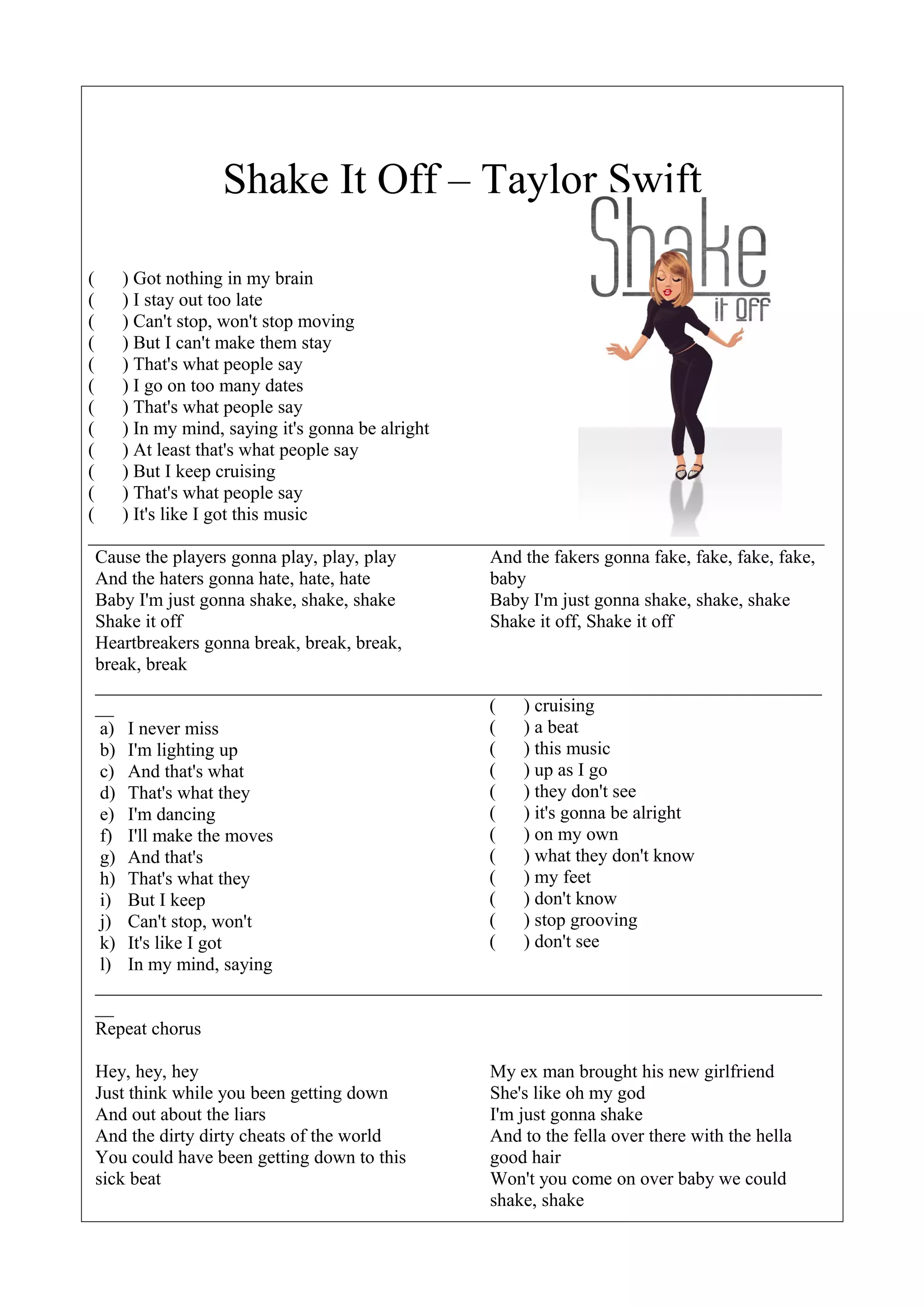 SONG WORKSHEET: Shake it off by Taylor Swift | DOC