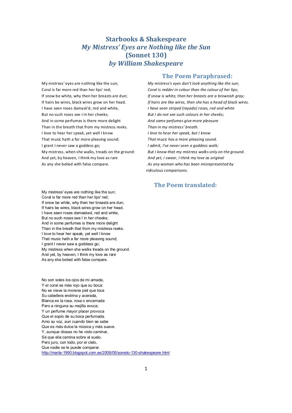 My Mistress' Eyes are Nothing like the Sun (Sonnet 130) by William ...