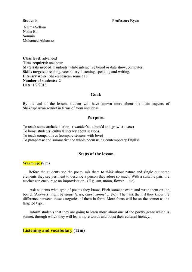 Shakespearean sonnet 18 | PDF | Homework and Study | Education