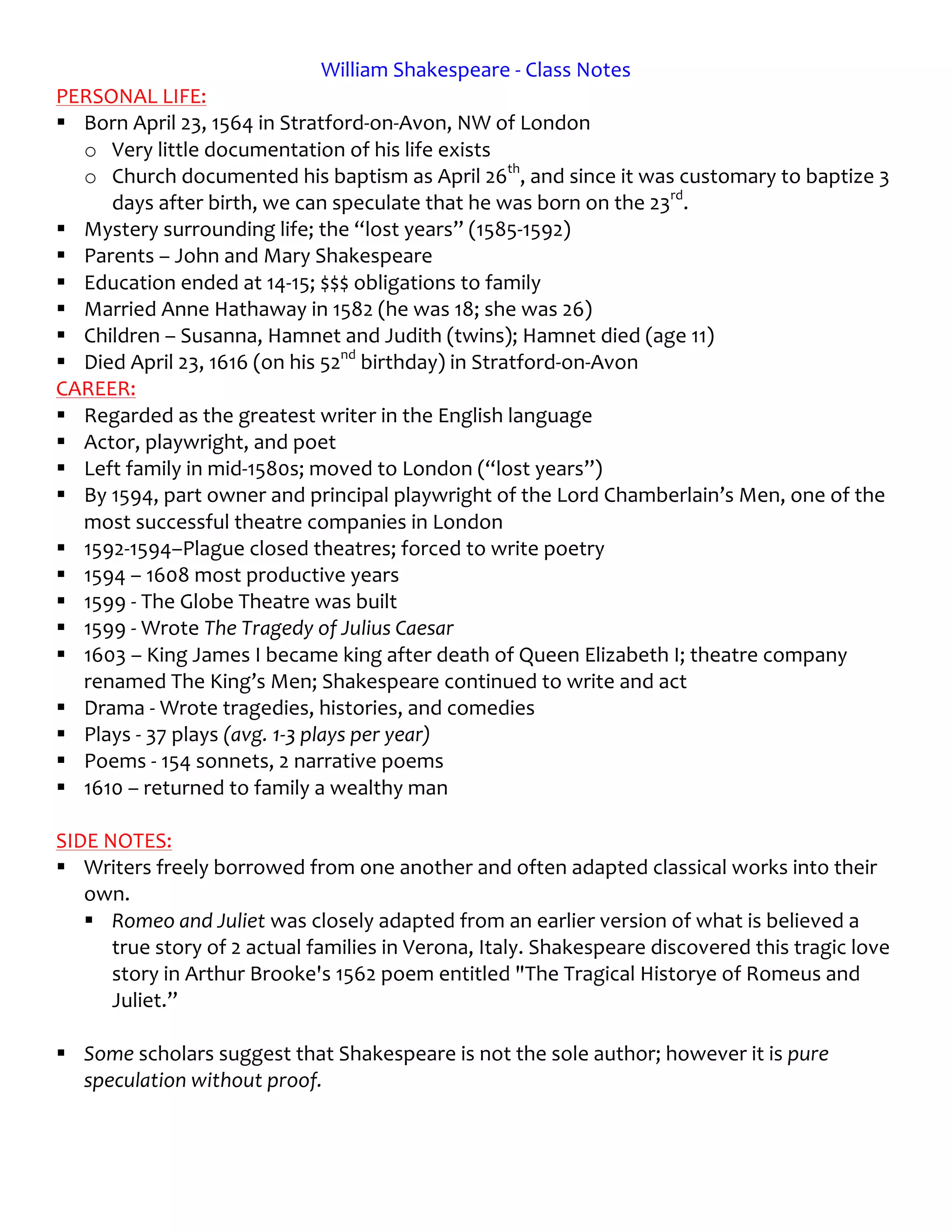 Shakespeare Bio. Notes | PDF