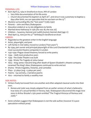 Shakespeare Bio. Notes | PDF | Theater | Fine Art
