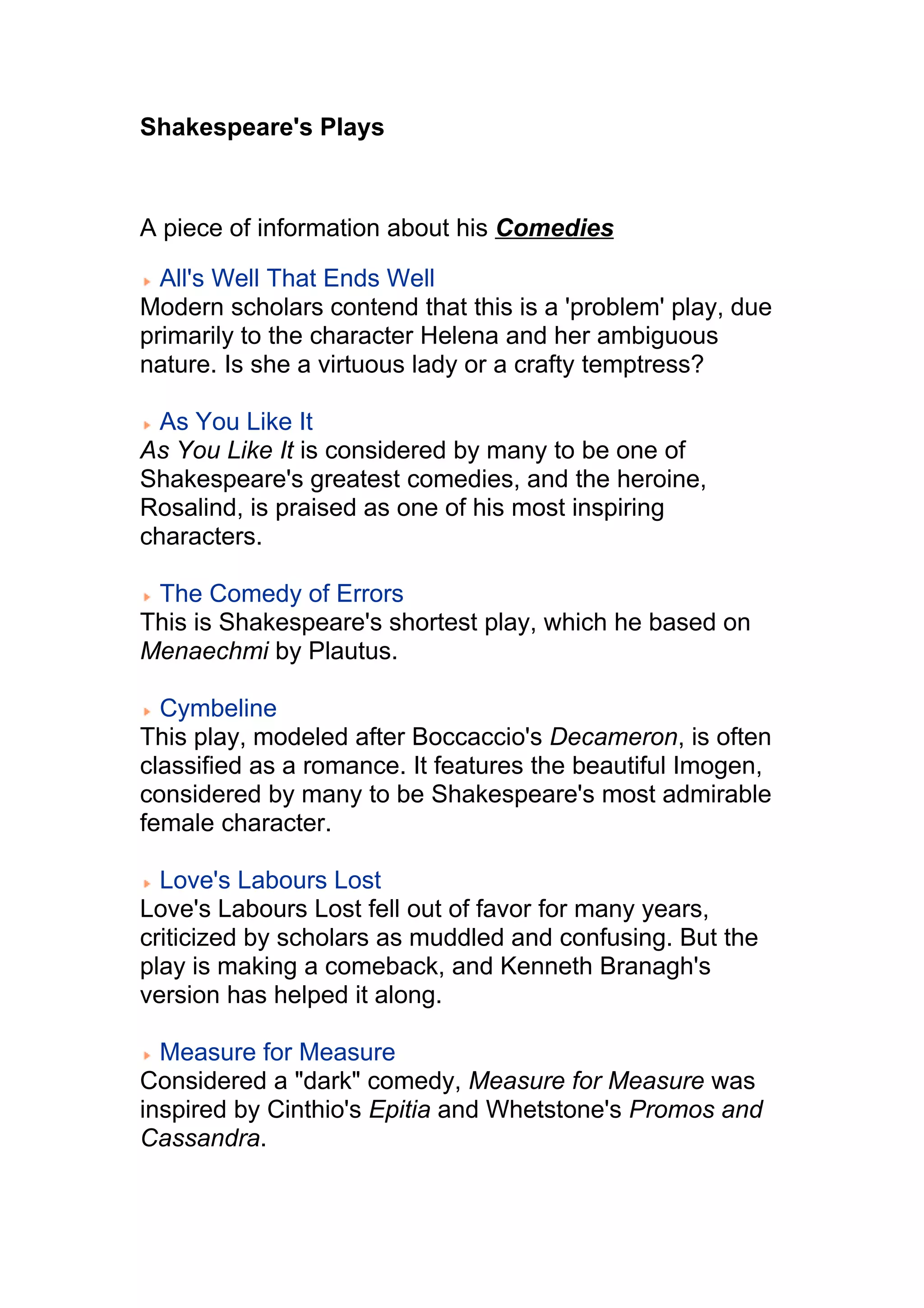Shakespeare love quotes and shakespeare's comedies | DOC