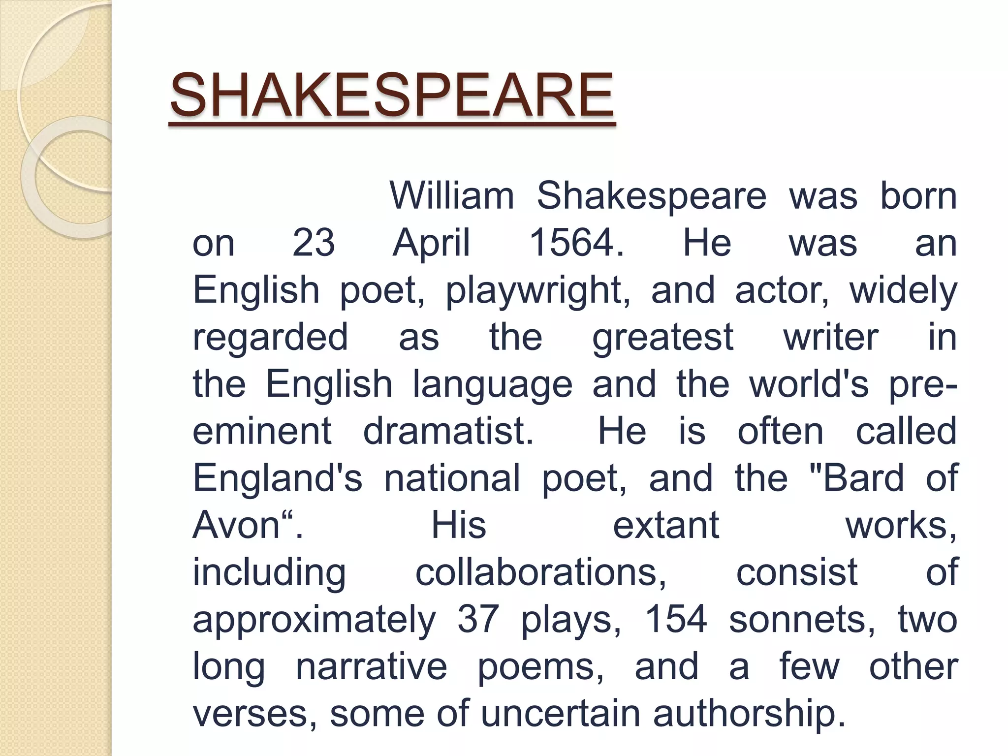 Shakespeare powerpoint presentation | PPTX | Theater | Fine Art