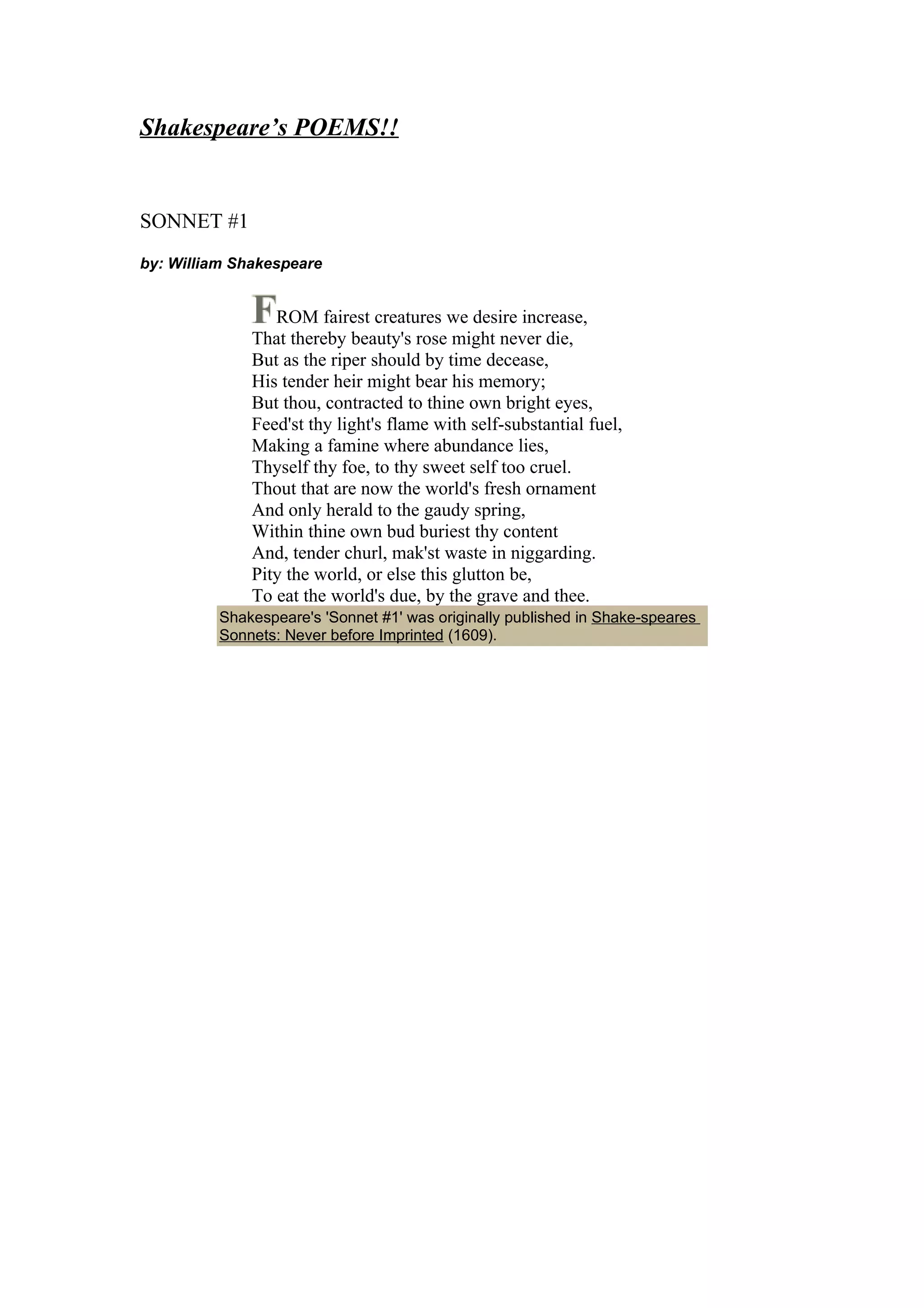 Shakespeare's poem sonnets | DOC