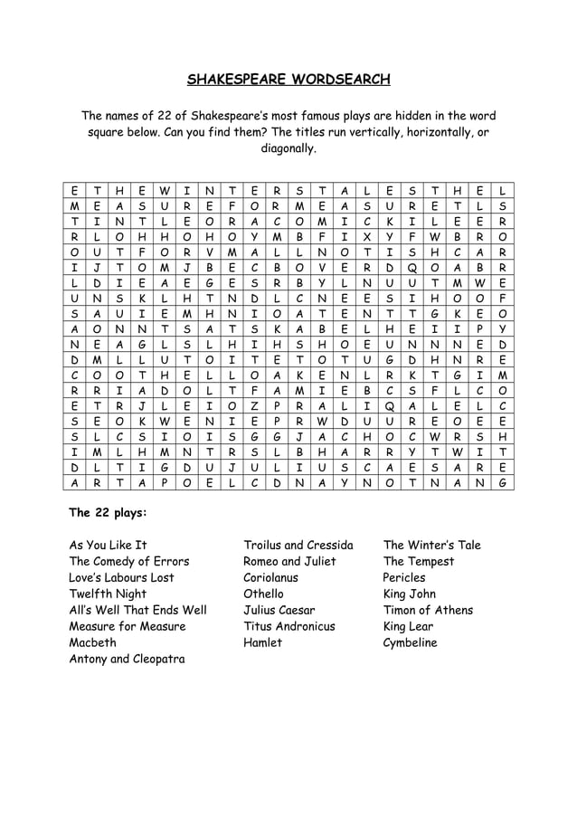 Shakespeare wordsearch | PDF