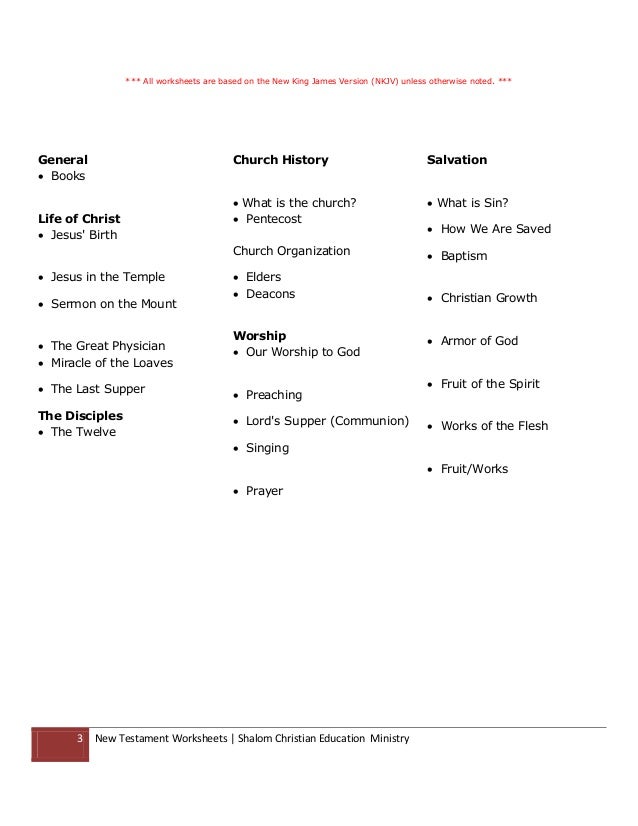 Classroom Worksheets New Testament Topics