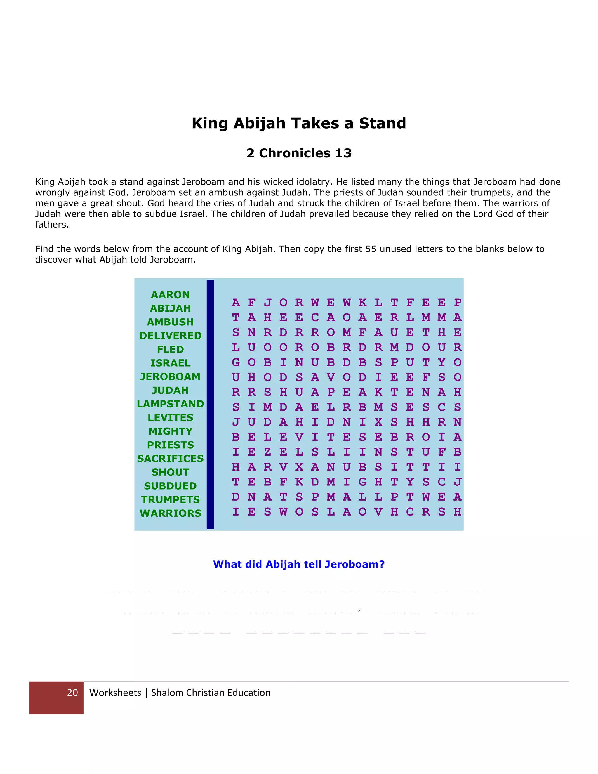 Shalom christian education the books of the old testament worksheets | PDF