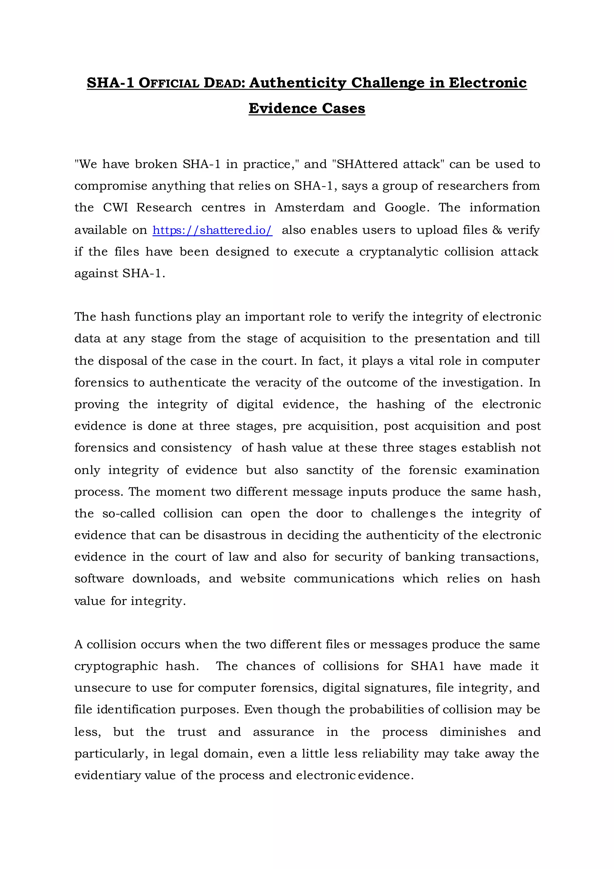 SHA-1 OFFICIAL DEAD: Authenticity Challenge in Electronic Evidence Cases | DOCX