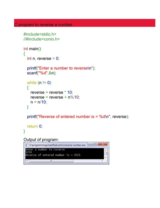 Palindrome number program c | DOC | Programming Languages | Computing