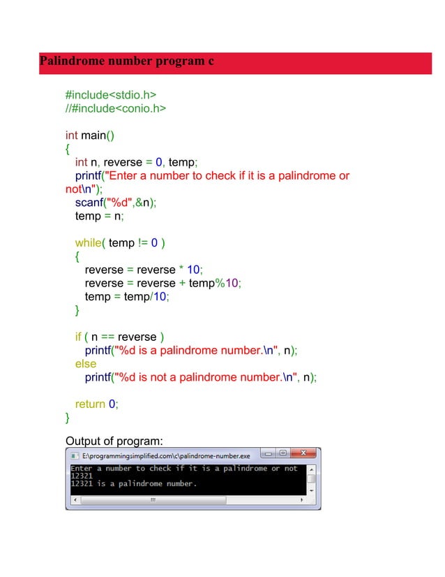 Palindrome Number Program In C Pdf