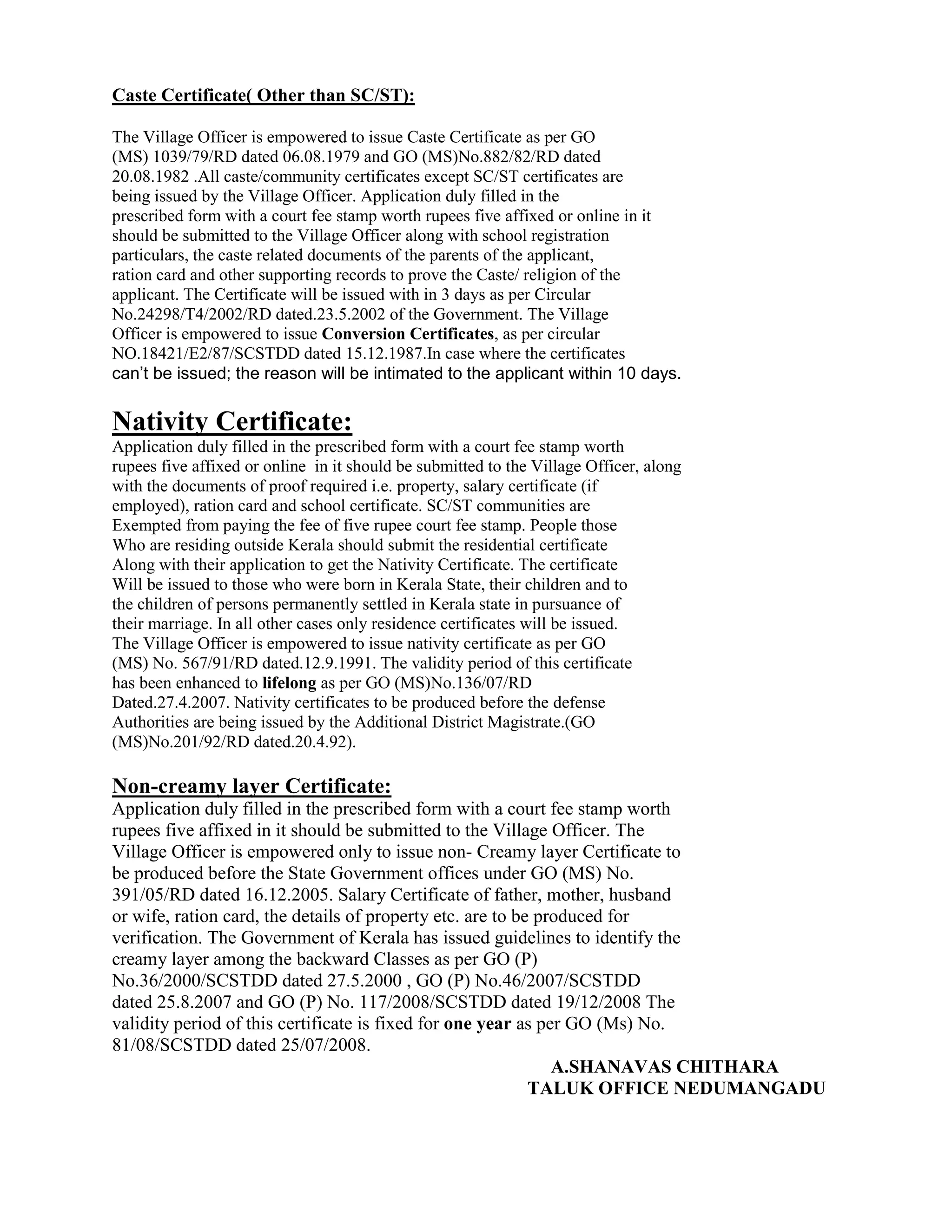 caste certificate,nativity certificate non creamy layer certificate | PDF