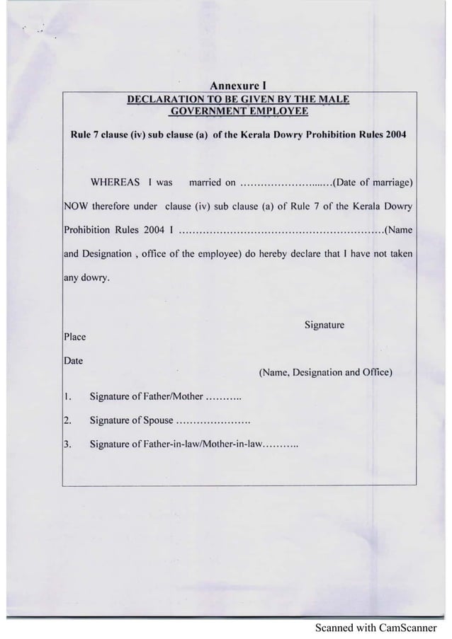 Dowry Prohibition - Affidavit tobe filed by Kerala Government employee ...