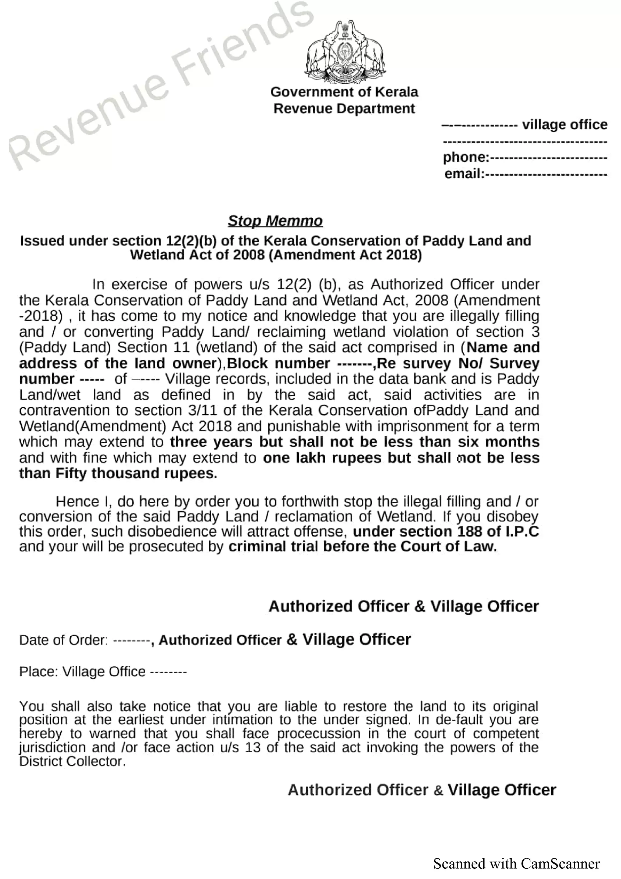 Paddy and wetland act 2008 Sample stop memo James Joseph Adhikarathil | PDF