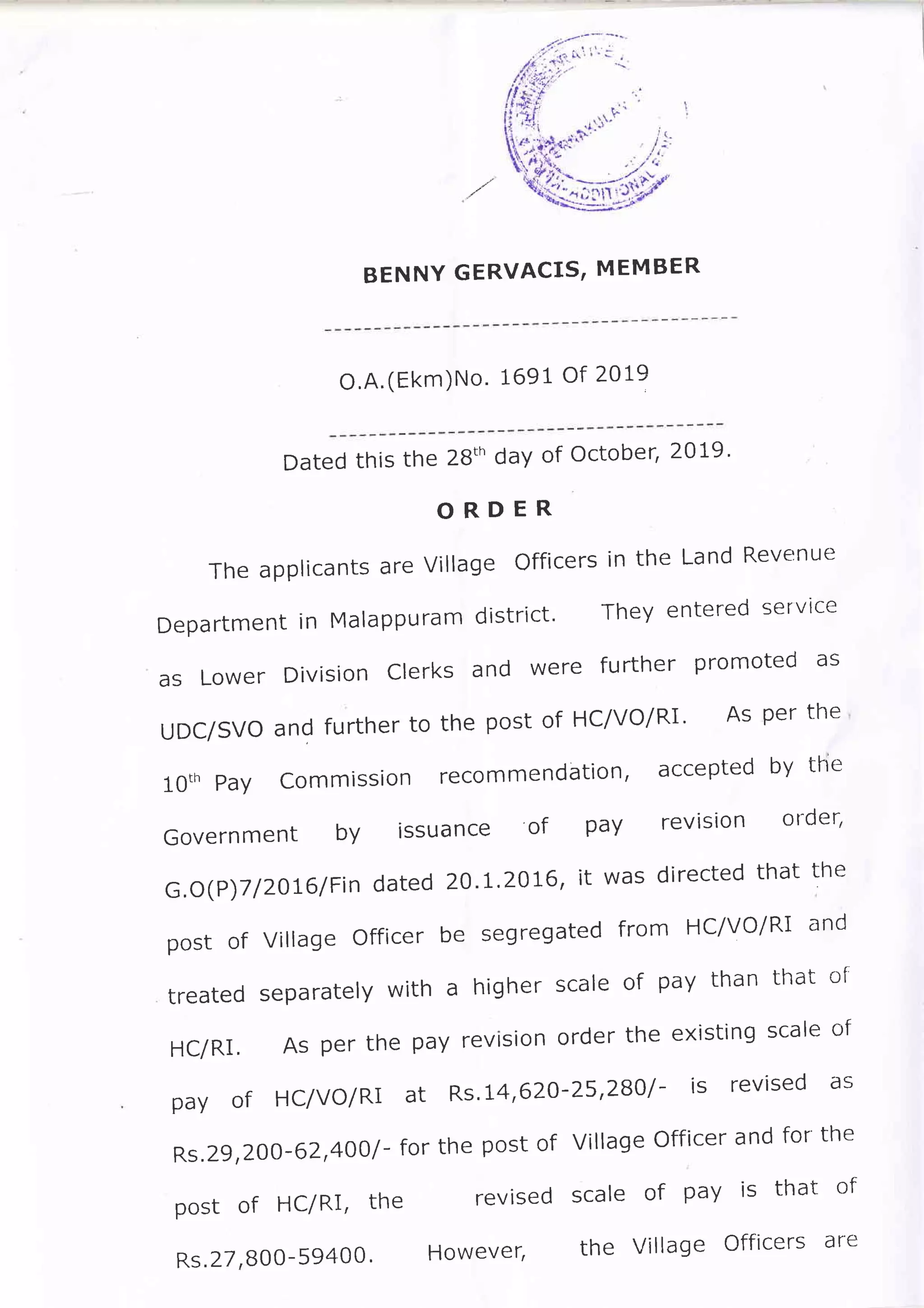 Kerala village officer salary scale upgrade order-OA 1691/19 | PDF