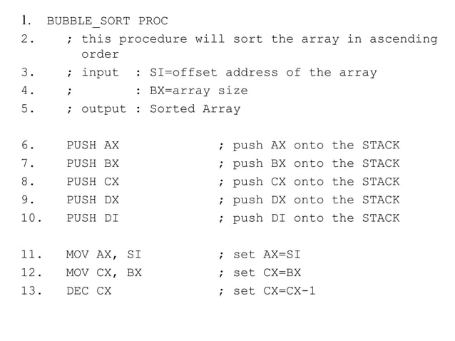 bubble sorting of an array in 8086 assembly language | PPTX | Programming Languages | Computing