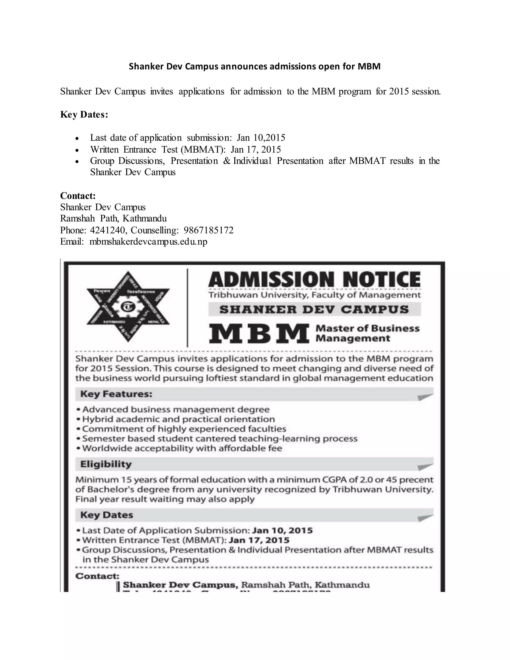 Shanker Dev Campus announces admissions open for MBM | DOCX | Education