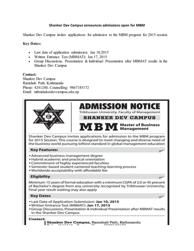 Shanker Dev Campus announces admissions open for MBM | DOCX | Education