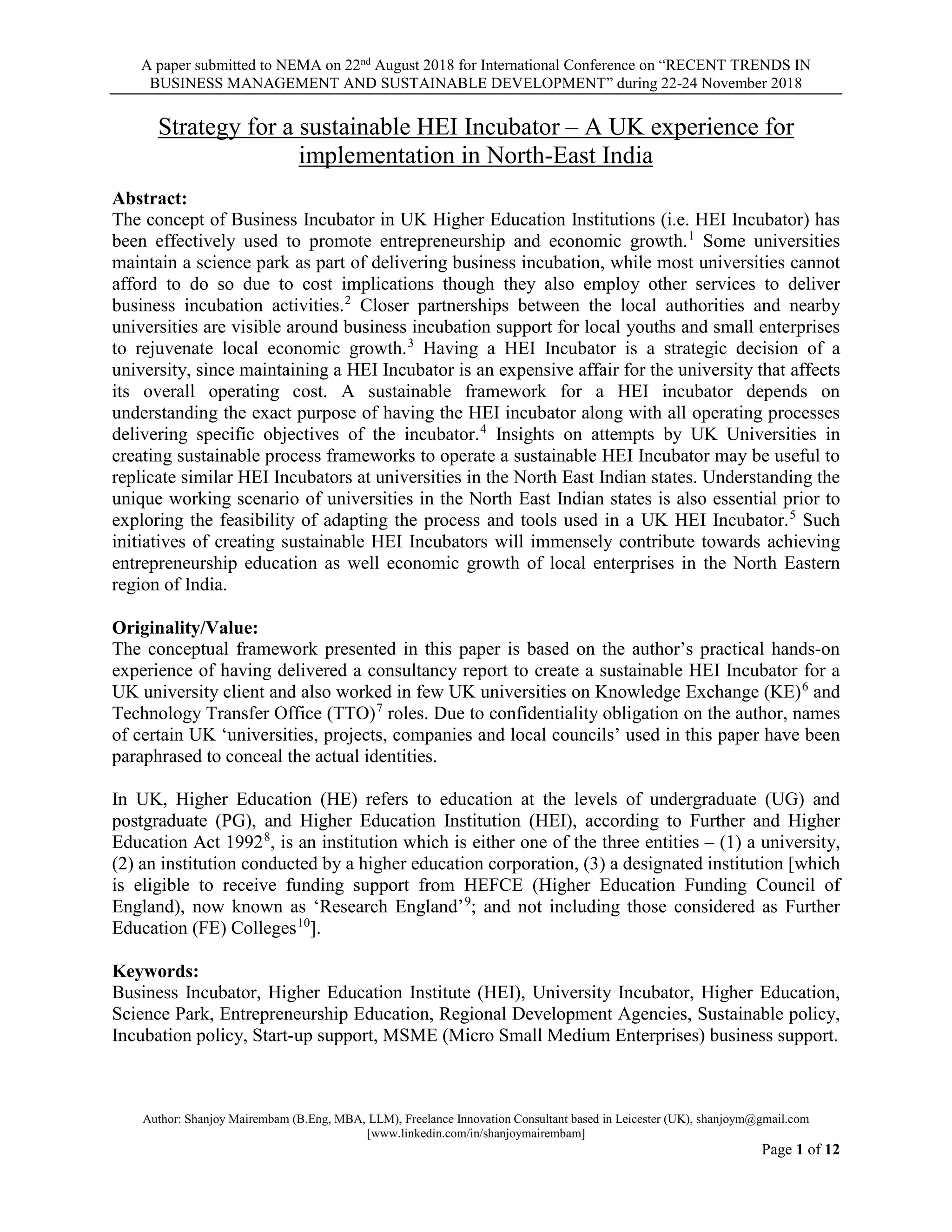 Strategy for a sustainable HEI Incubator – A UK experience for ...