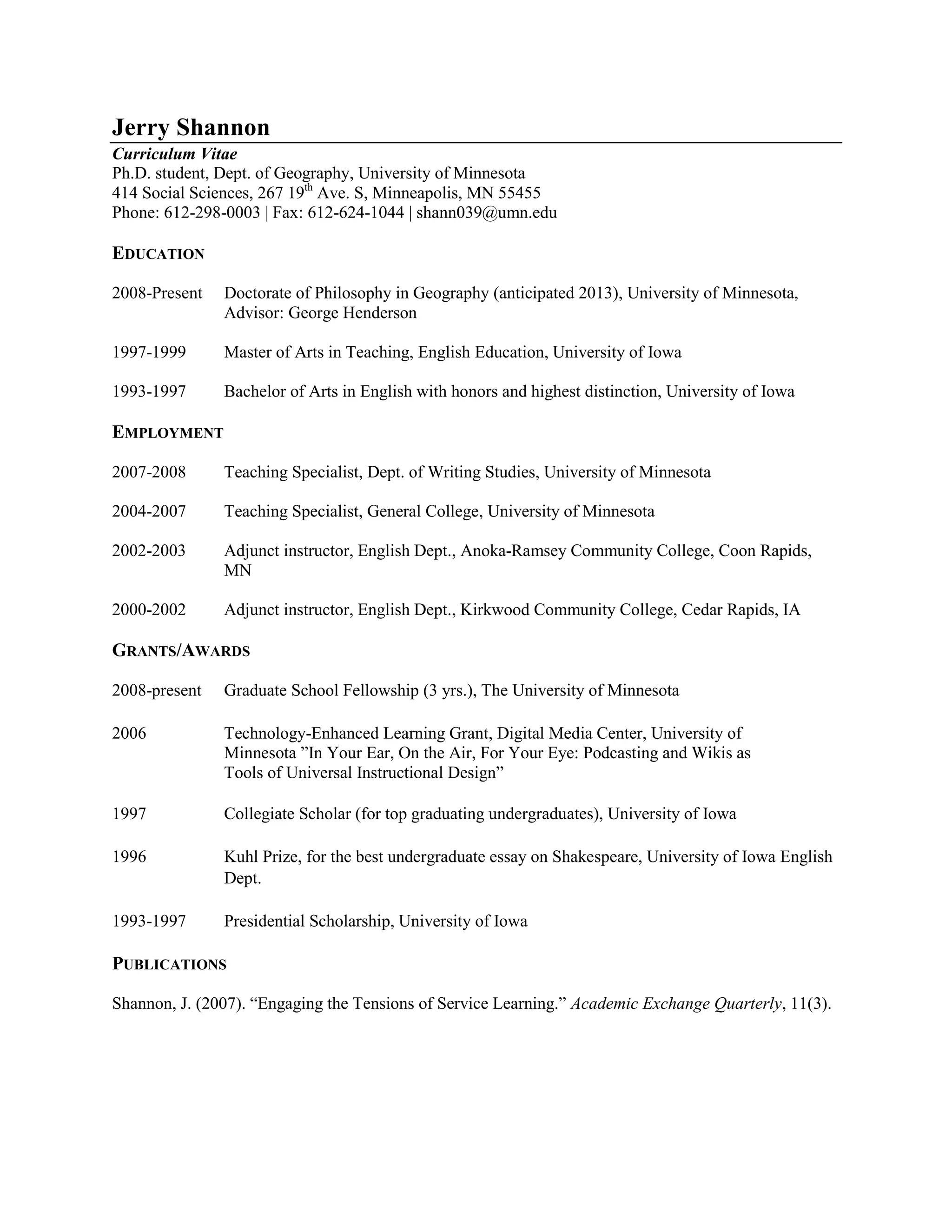 Shannon Cv 2010 | PDF | Education