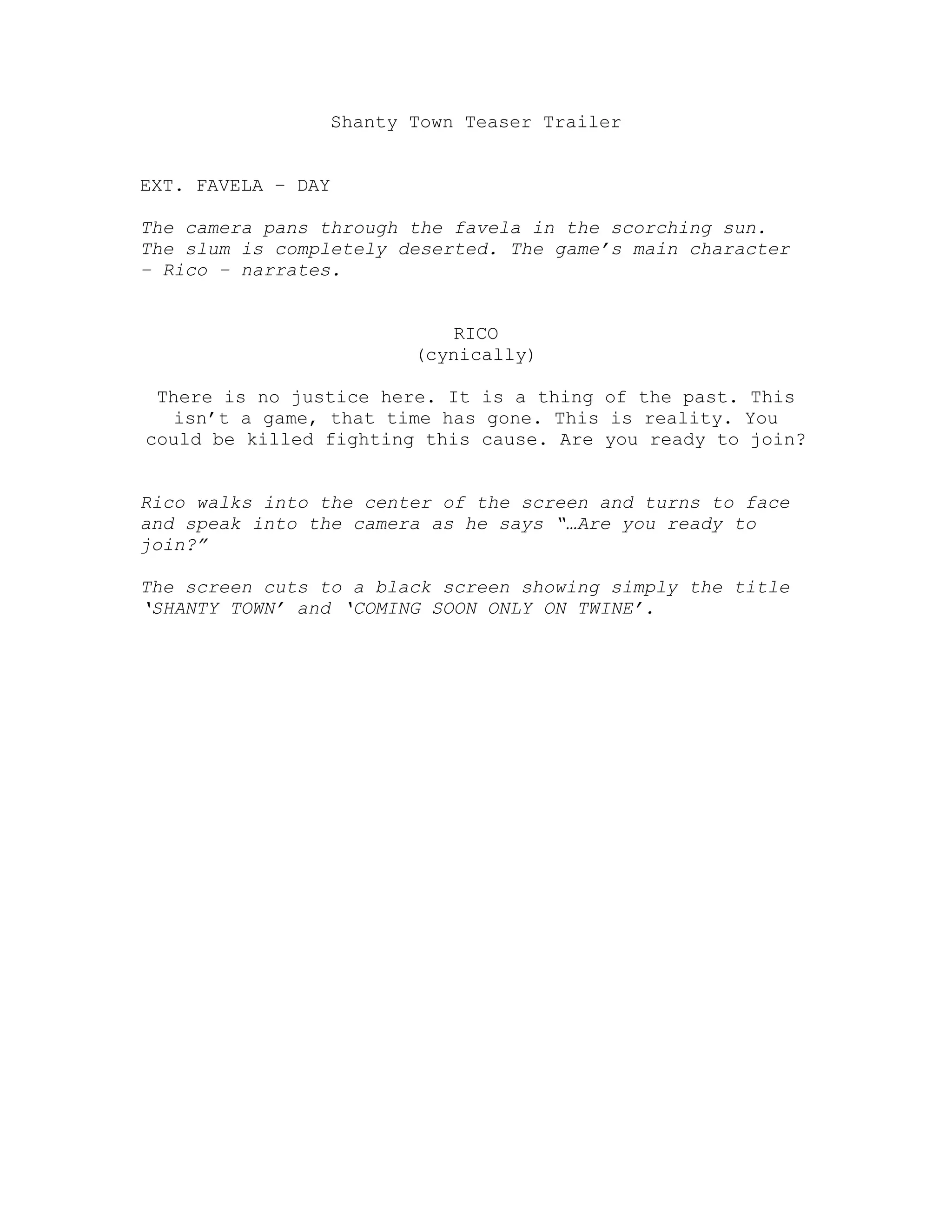 Shanty town teaser trailer script | PDF