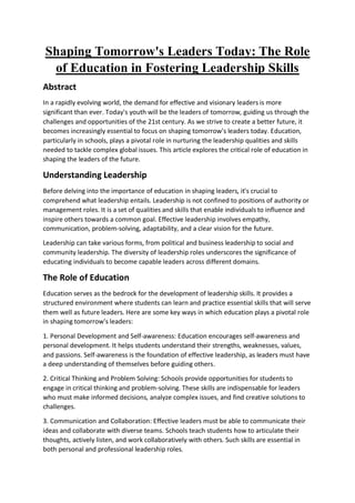 Shaping Tomorrow's Leaders Today: The Role Of Education In Fostering ...