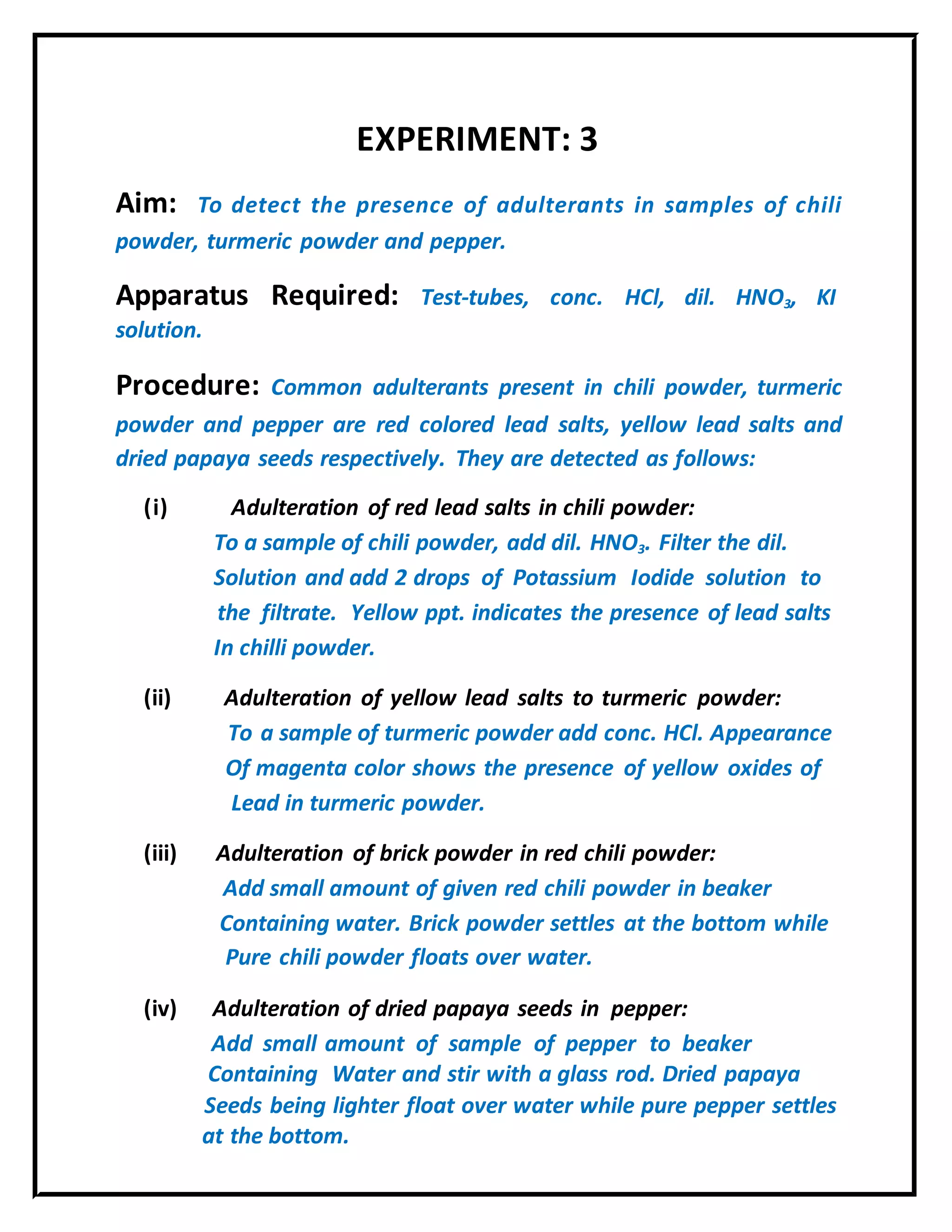 chemistry investigatory project on food adulteration | DOCX
