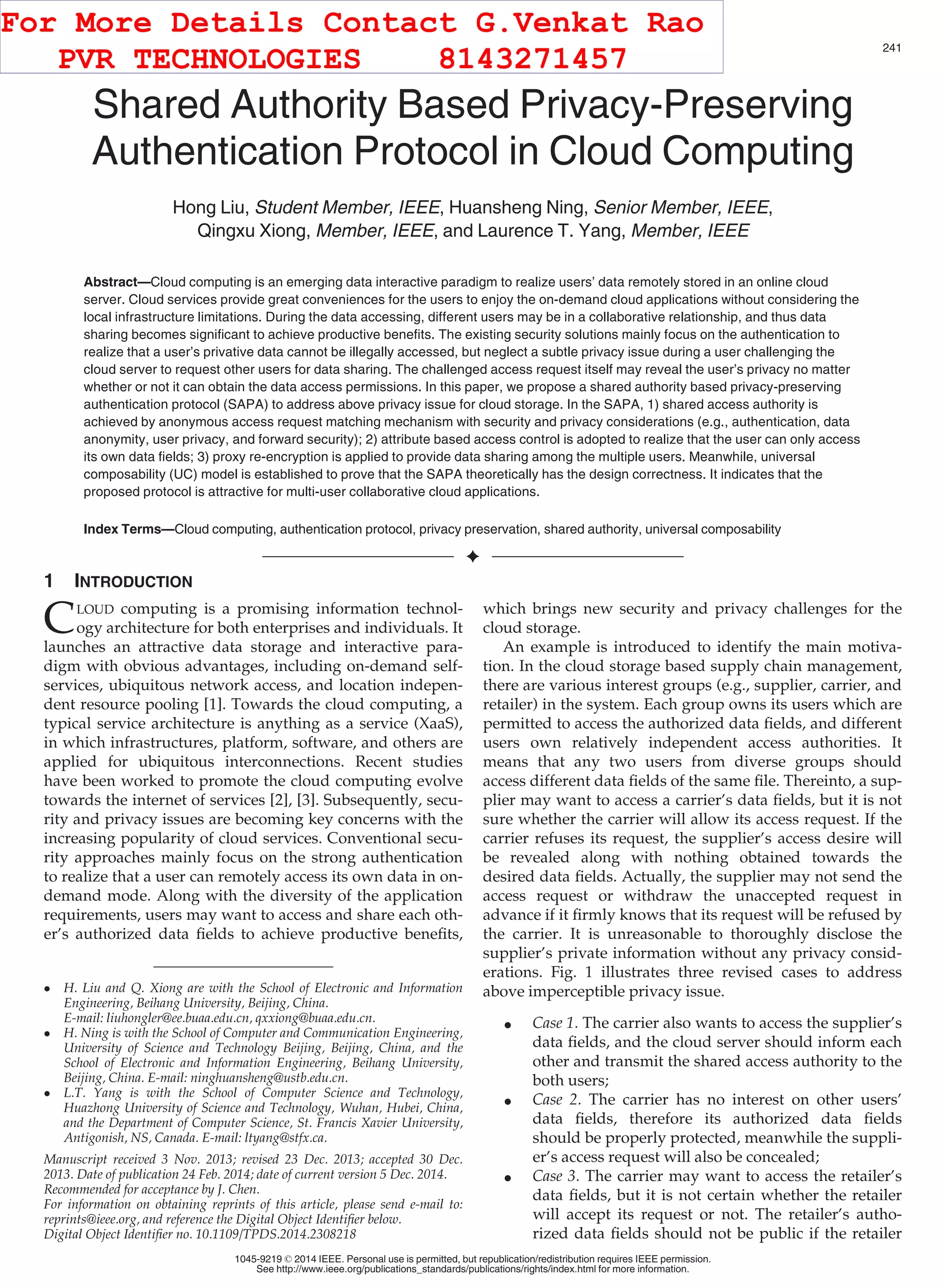 Shared authority based privacy preserving authentication protocol in cloud computing | PDF