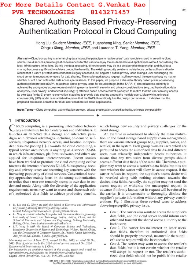 Shared authority based privacy preserving authentication protocol in cloud computing | PDF