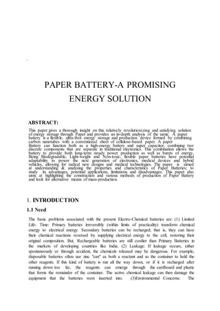 Abstract PAPER BATTERY-A PROMISING ENERGY SOLUTION | DOCX