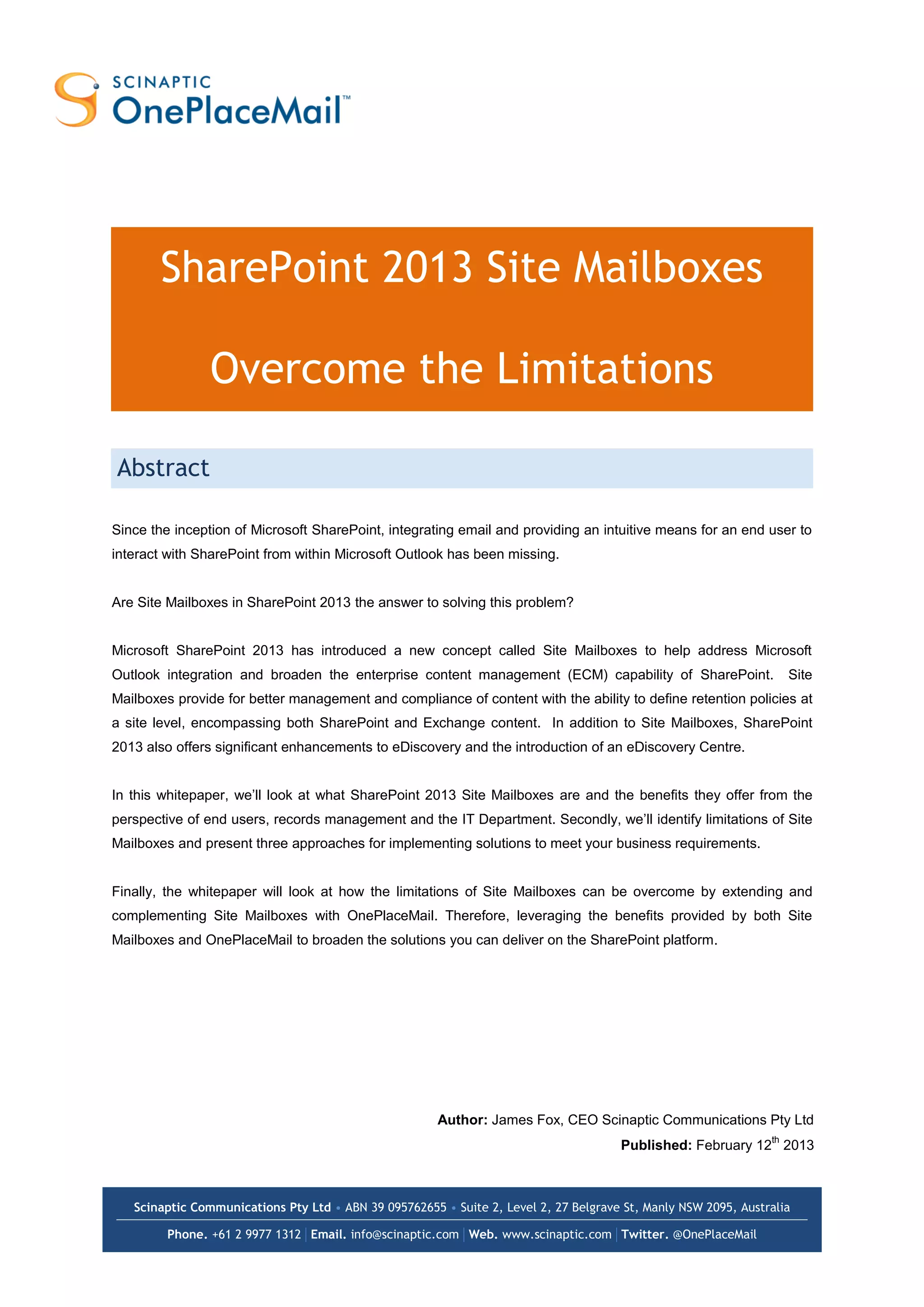 SharePoint 2013 Site Mailboxes - Overcoming the Limitations | PDF