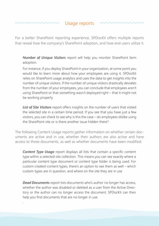 Sharepoint Content and Usage Reports - guide by SPDocKit | PDF | Computing | Technology & Computing