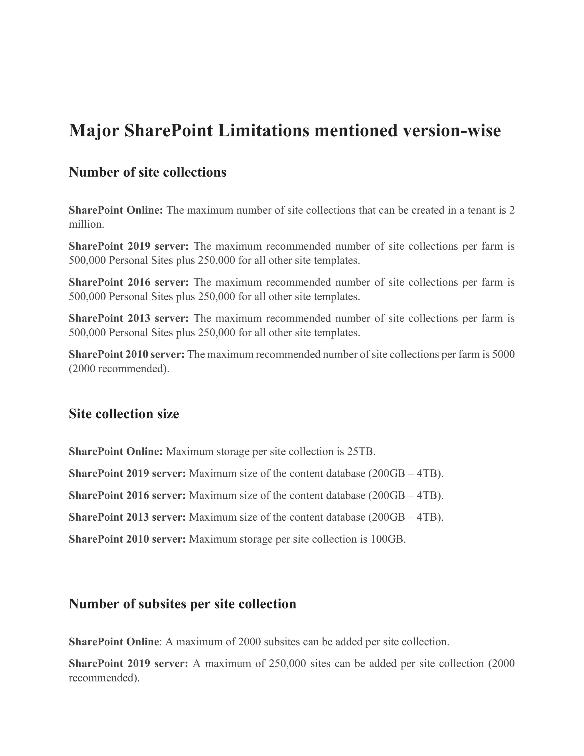 SharePoint Online Limitations: Version-wise Explained | PDF