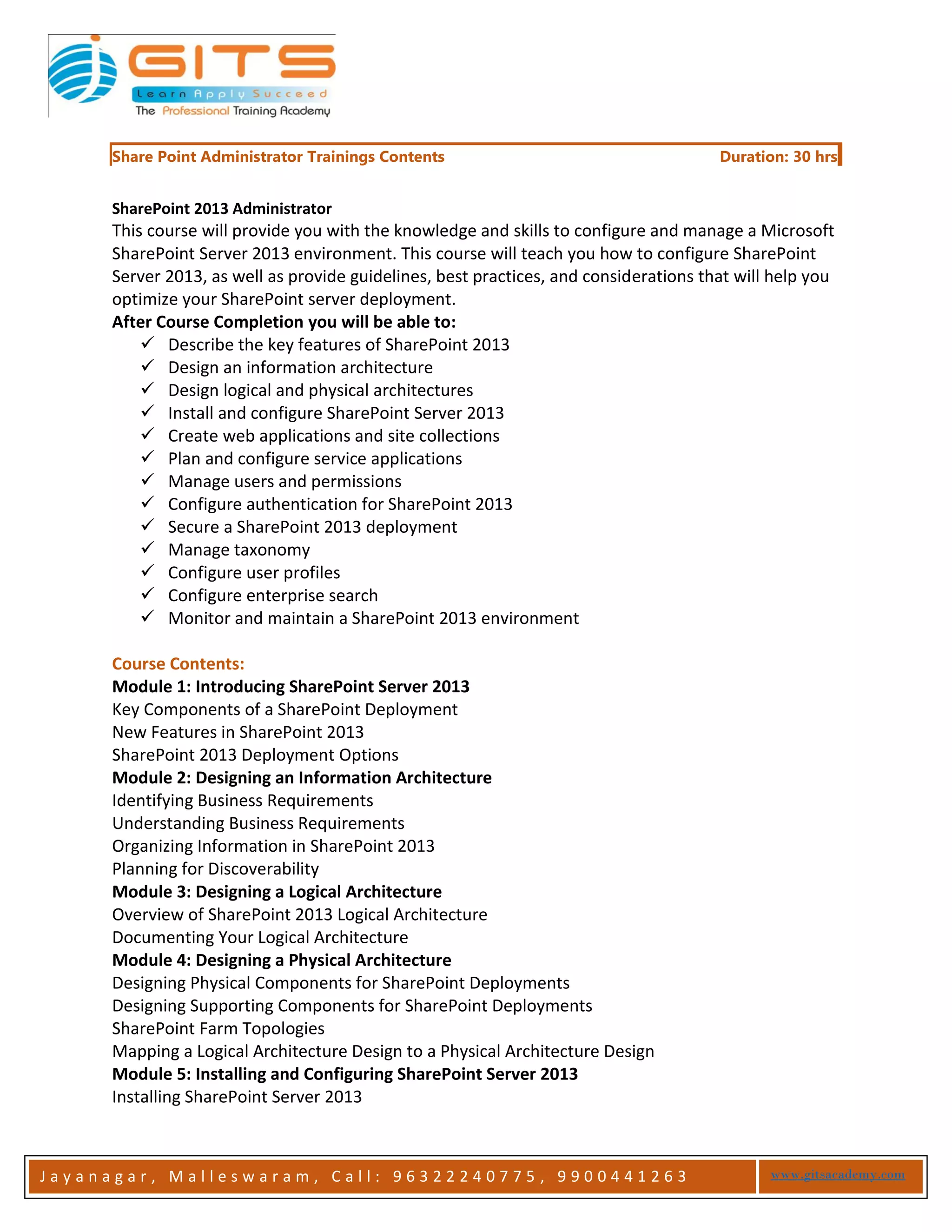 Share point 2013 administrator Training Contents By GITS Academy | PDF